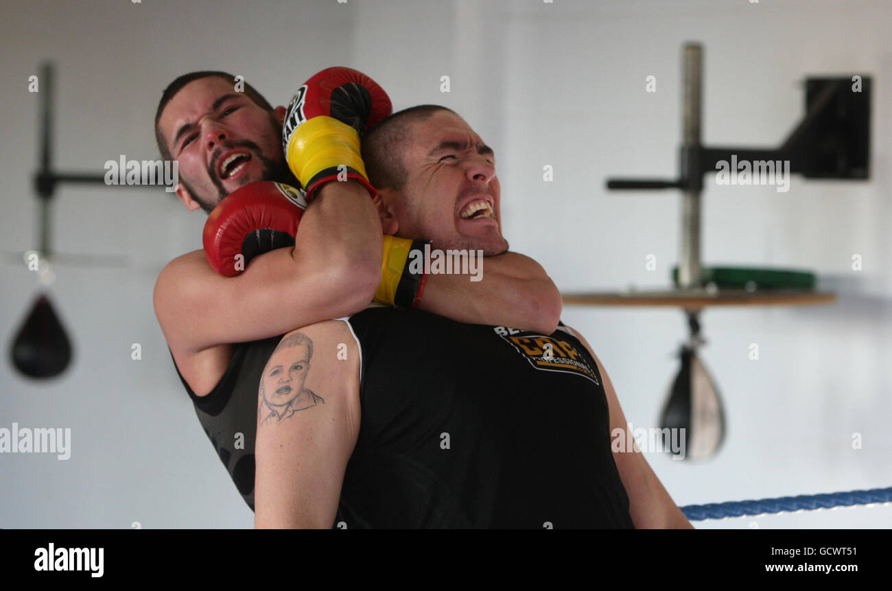 Boxer Tony Bellew wrestles trainer Anthony Farnell in a relaxed moment ...