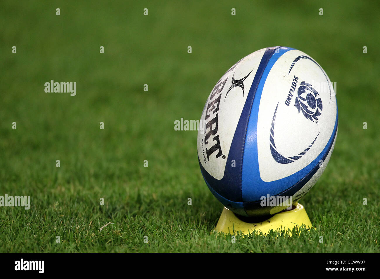 General view of a Scotland Gilbert match ball on a kicking tee Stock ...