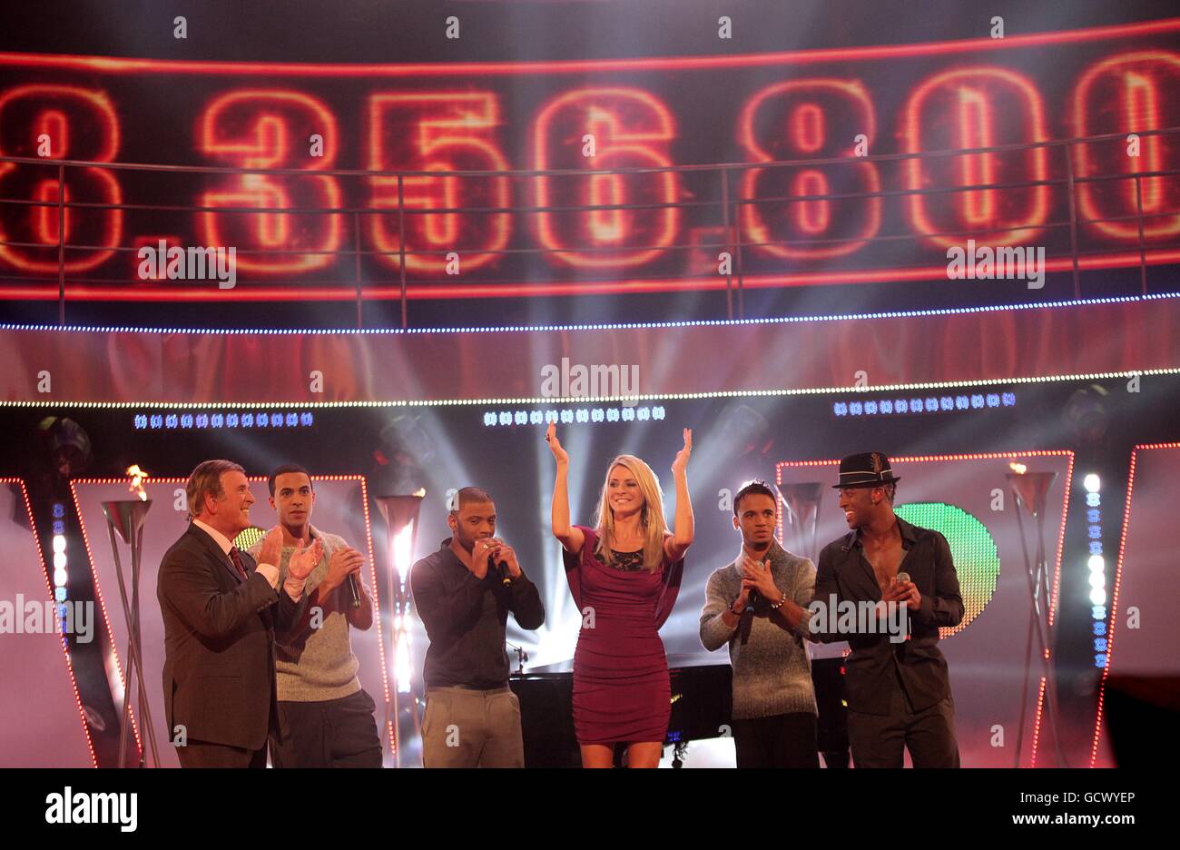 Terry Wogan (left) and Tess Daly (centre) with JLS during the BBC ...