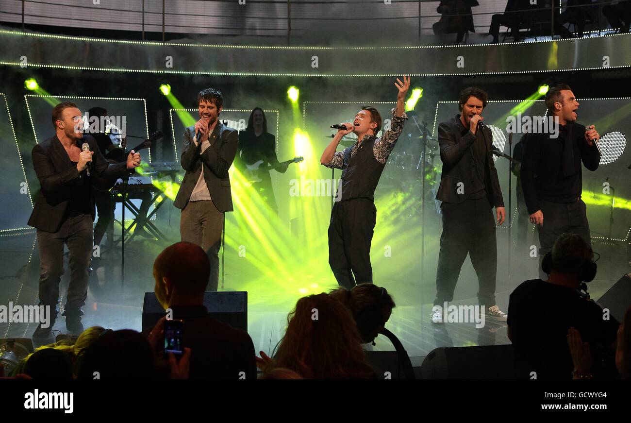 Take That perform on stage during the BBC Children In Need Appeal 2010 ...