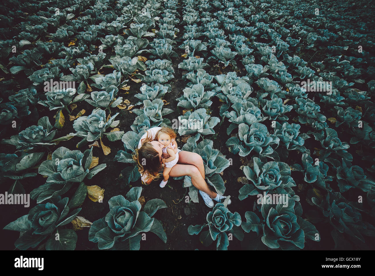 Mother and daughter on the field with cabbage Stock Photo - Alamy