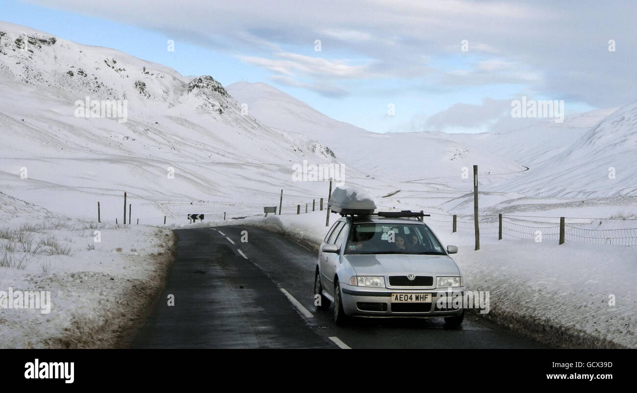A car on the A93 in Scotland, as the cold weather continues across the ...