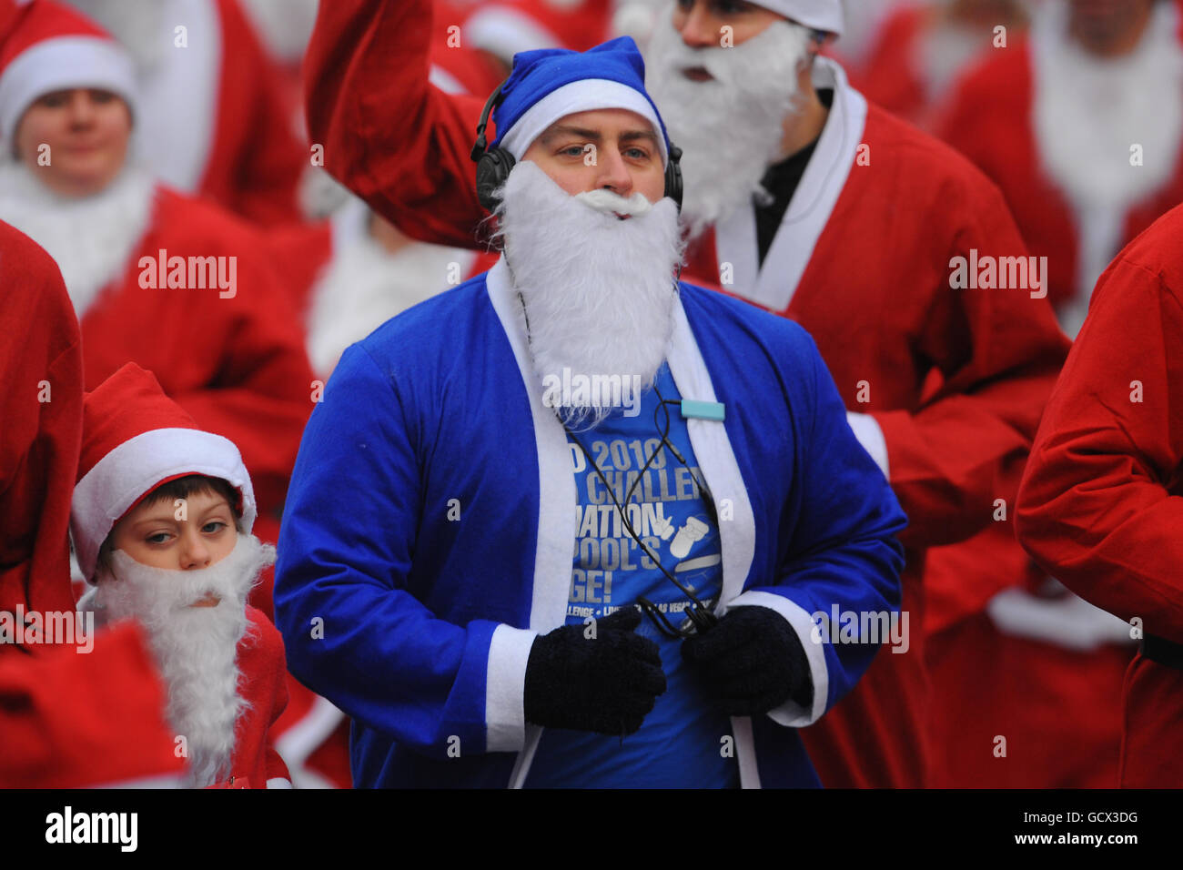 A Blue Santa at the start of the annual 5km Liverpool Santa Dash ...