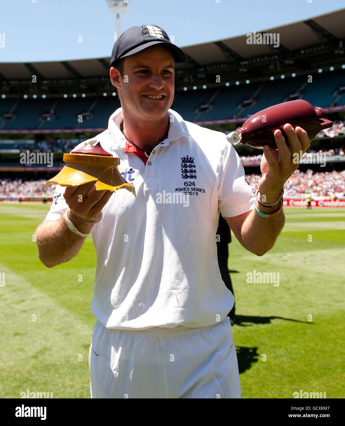 England captain Andrew Strauss celebrates victory in the fourth test ...
