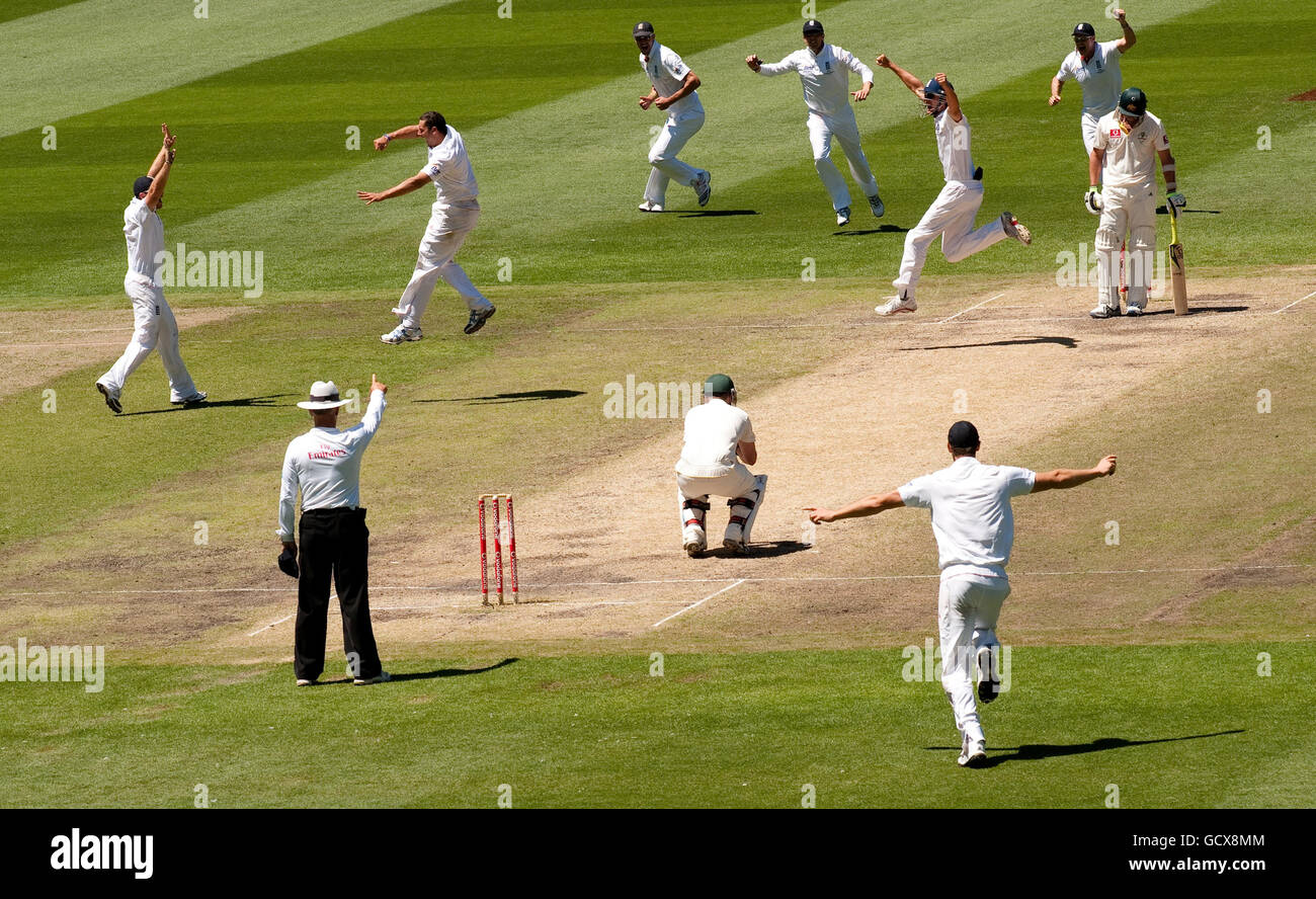 England's Tim Bresnan celebrates dismissing Australia's Ben Hilfenhaus ...