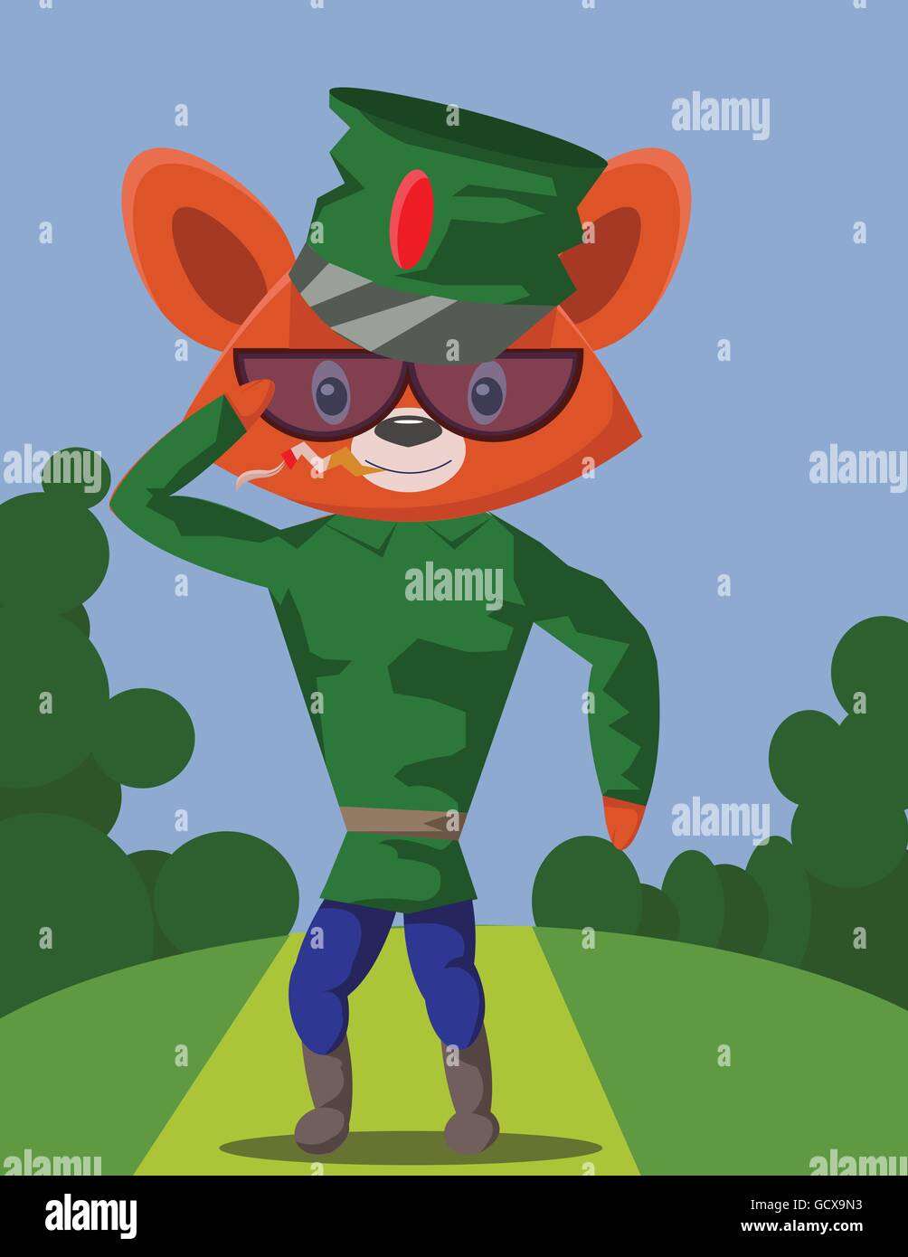 Fox character in military clothes, wearing glasses, smoking and giving ...