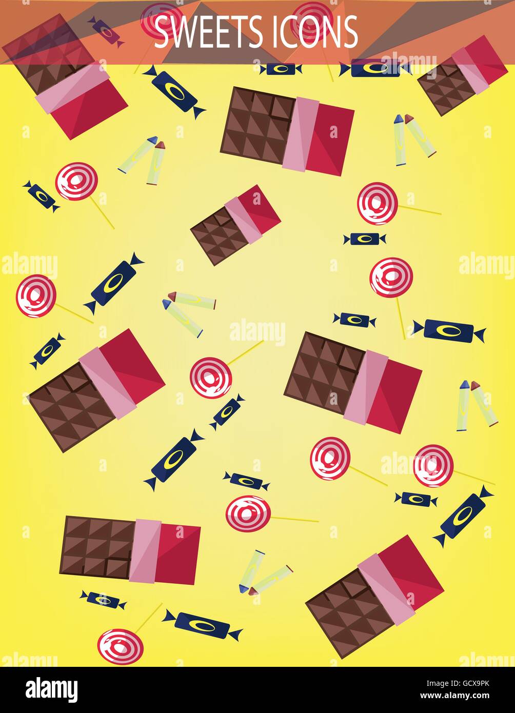 Abstract sweets icons set with candies, chocolate bars over an yellow ...