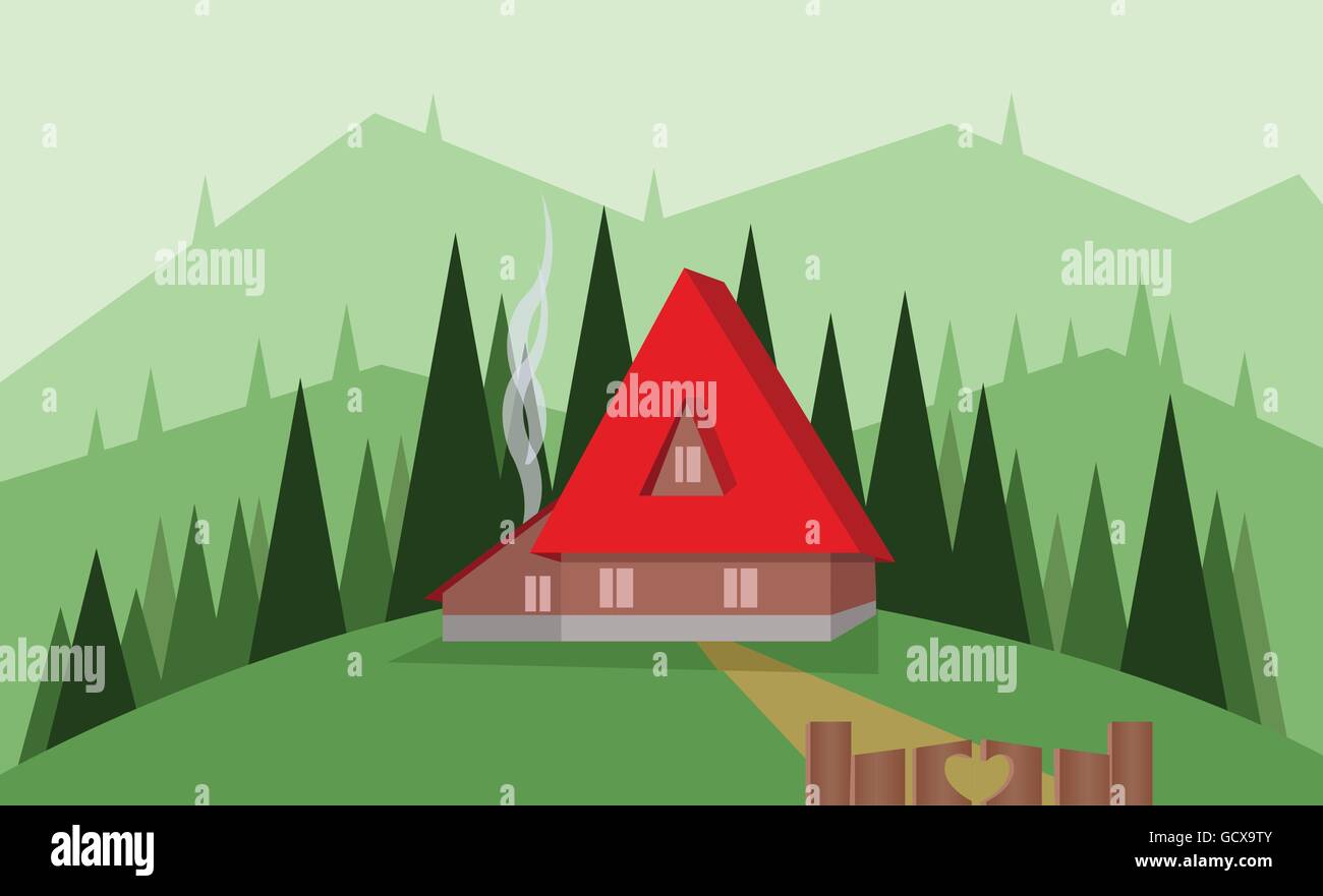Abstract landscape design with green trees, hills and fog, big red ...
