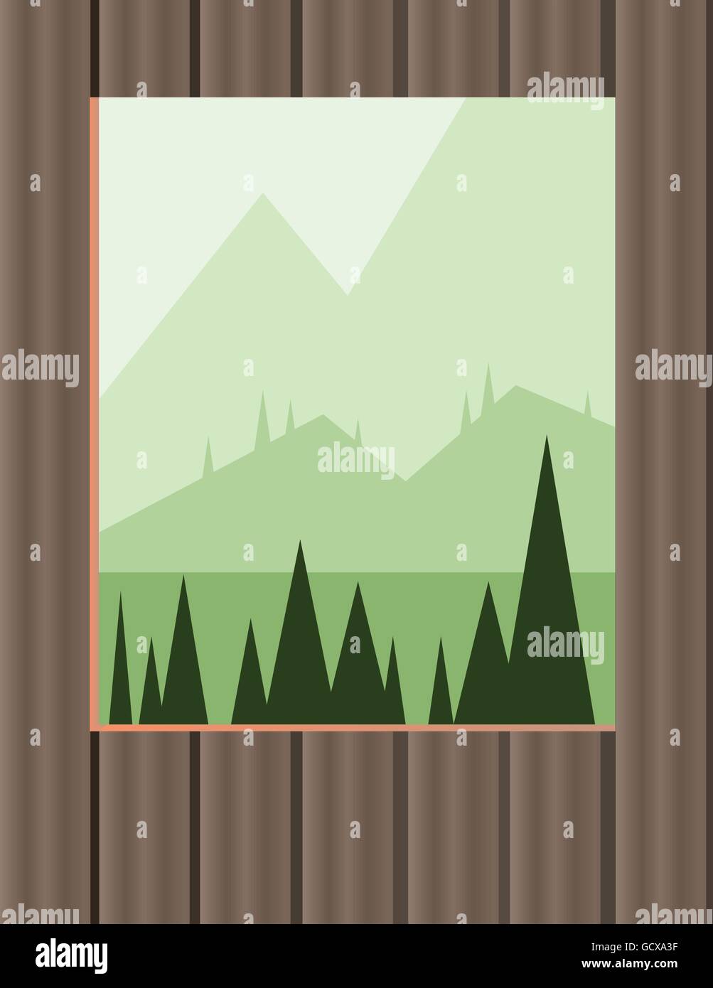 Abstract landscape design with green trees and hills, window view from ...