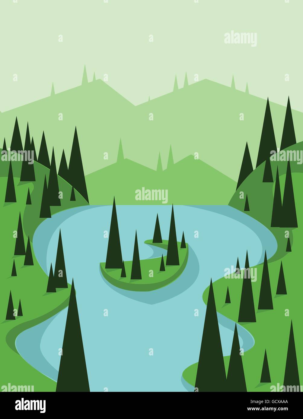 Abstract landscape design with green trees and flowing river, view from ...