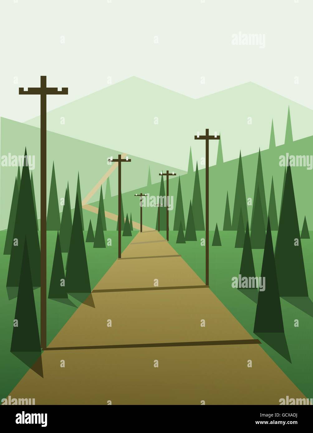 Abstract landscape design with green trees, hills and fog, a road with ...