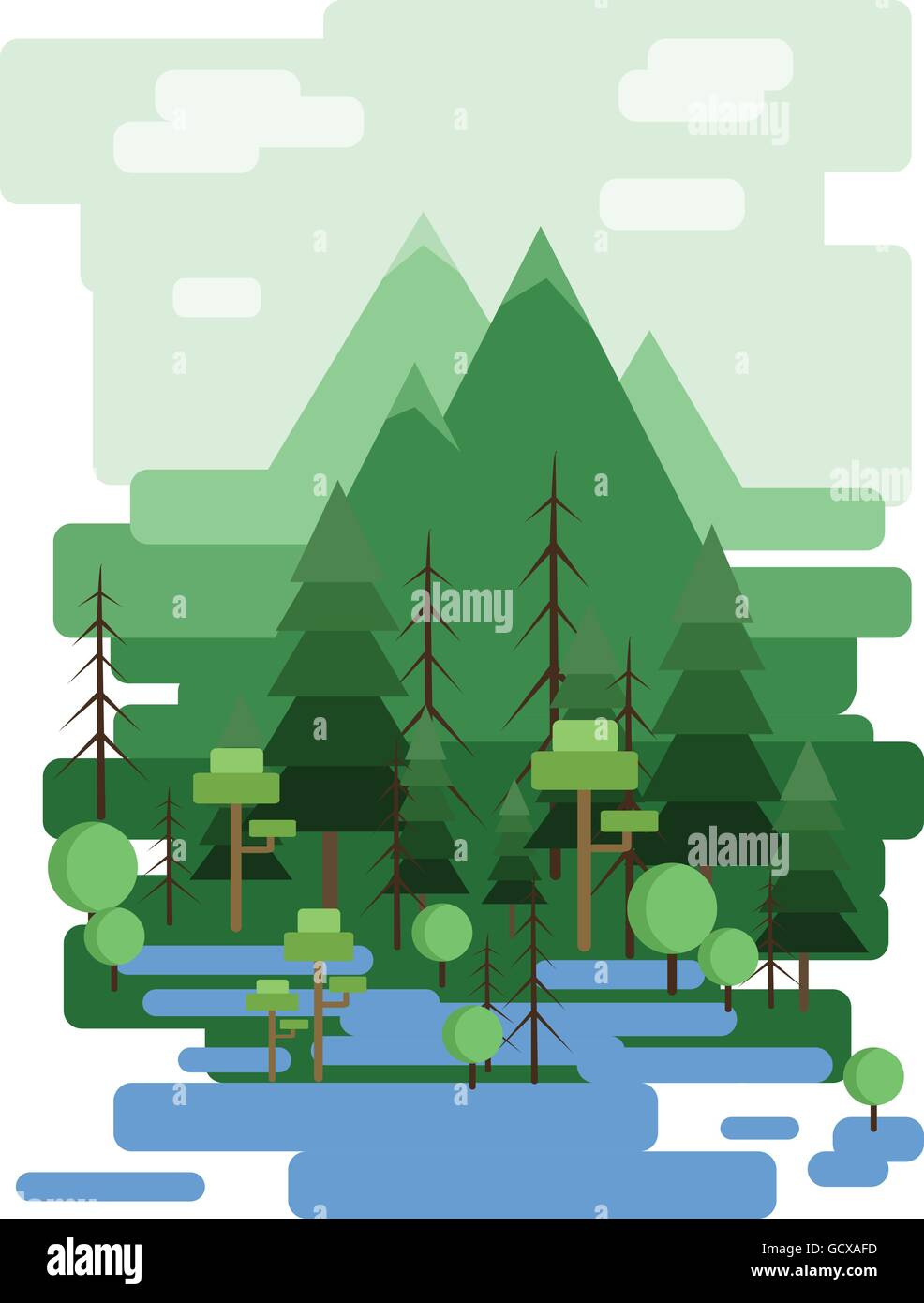Abstract landscape design with green trees and clouds, a forest and a ...