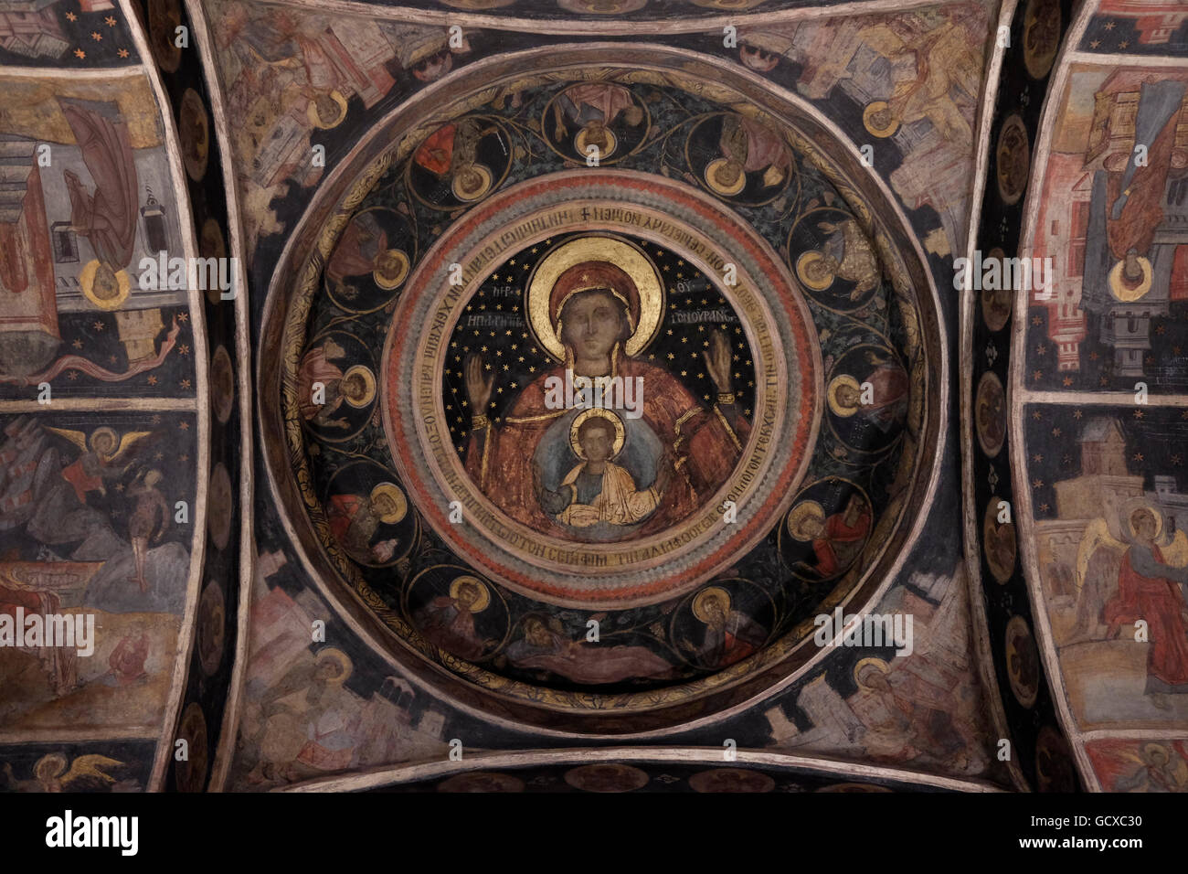 Handmade religious icons decorating interior of Stavropoleos Monastery ...