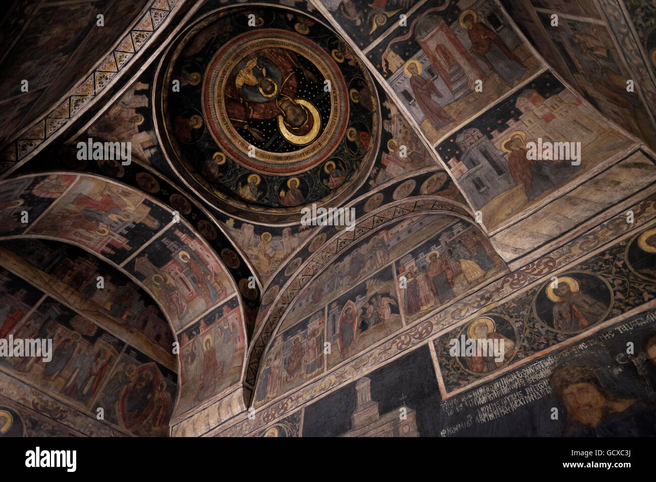 Handmade religious icons decorating interior of Stavropoleos Monastery ...