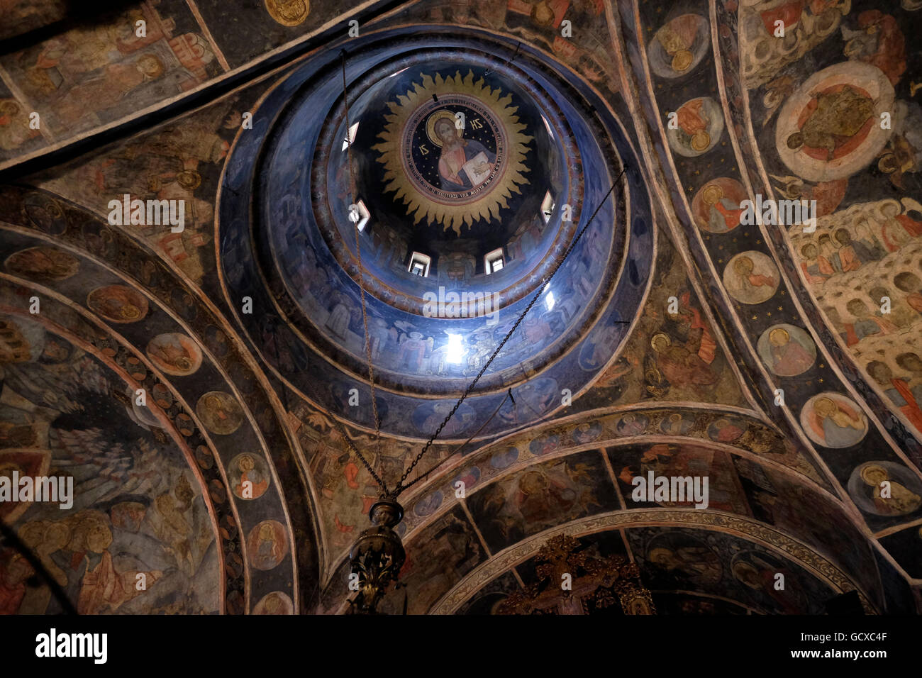Handmade religious icons decorating interior of Stavropoleos Monastery ...