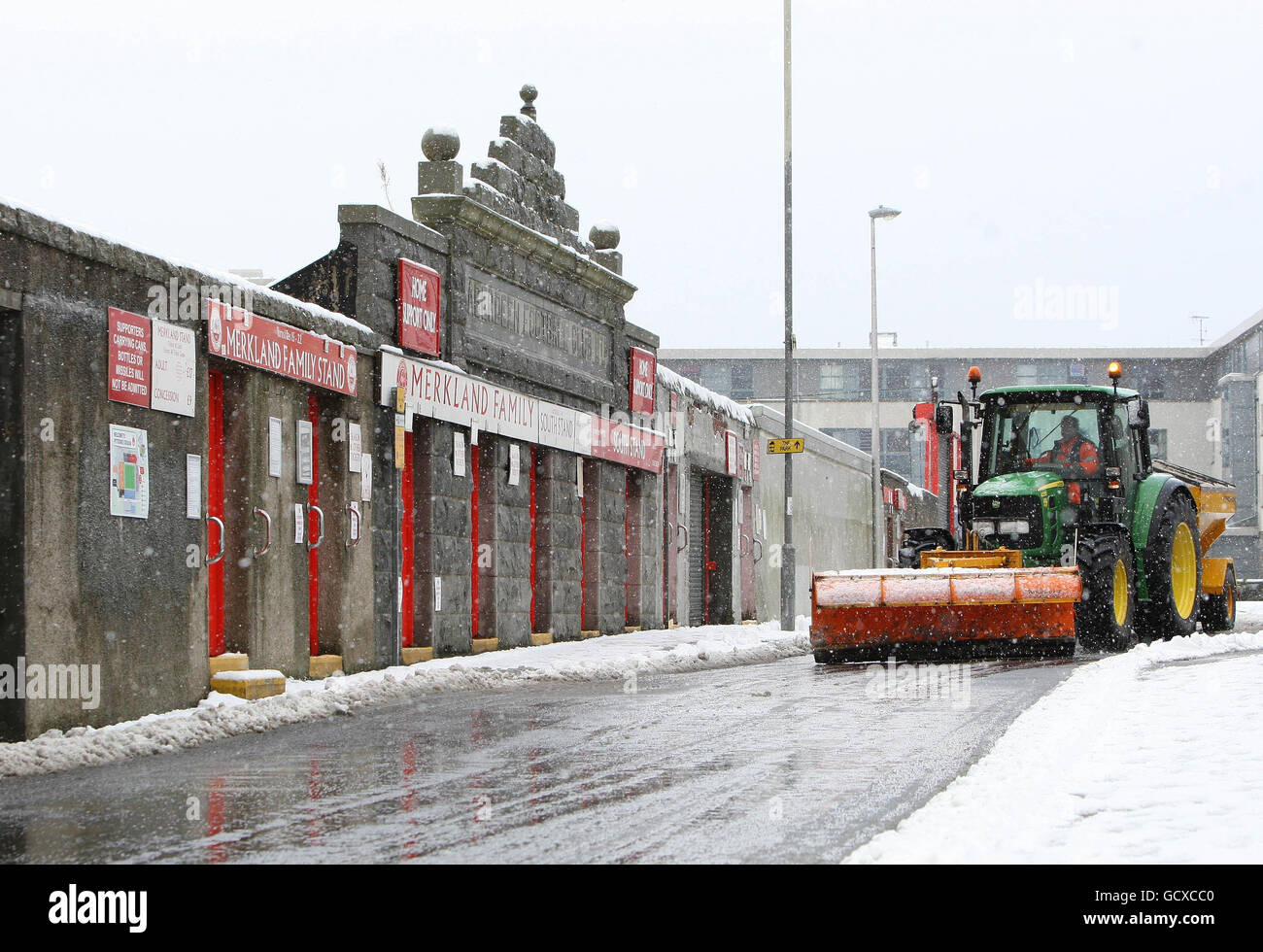 Snow plough clears the roads outside Pittodrie Stadium, Aberdeen ...