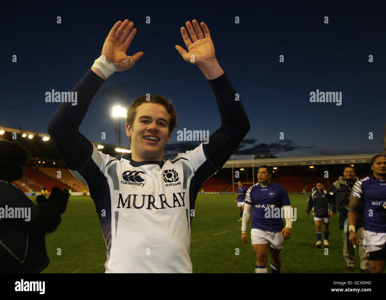 Scotland's Ruaridh Jackson celebrates kicking the winning points ...