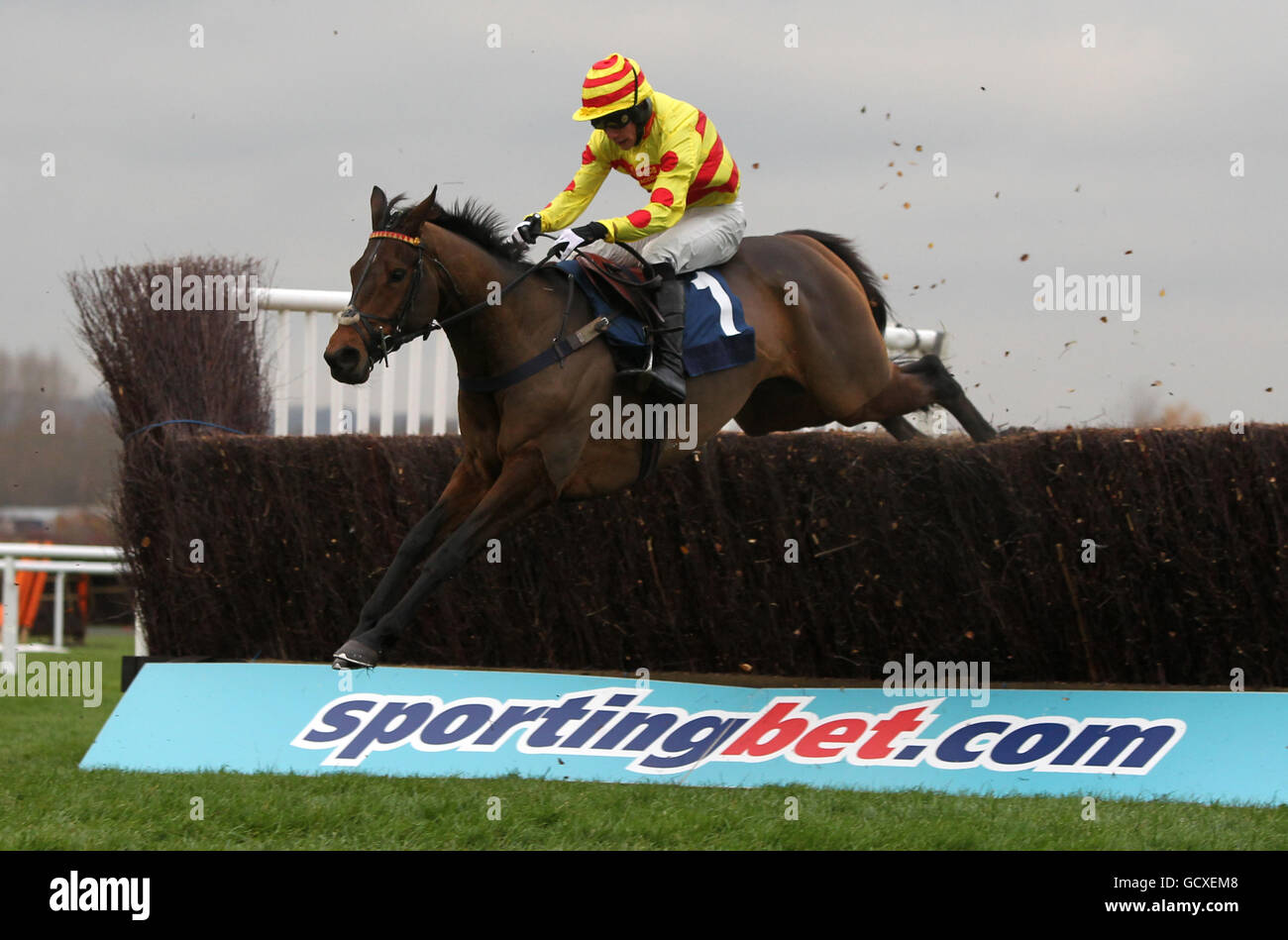 Jockey Felix De Giles on Sir Ian jumps the last in the Sportingbet.com ...