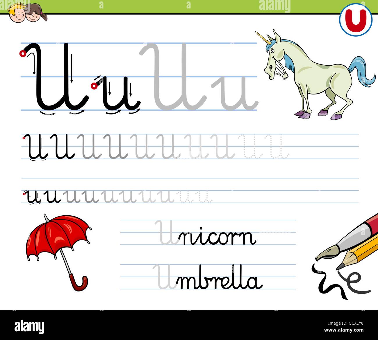 Cartoon Illustration of Writing Skills Practice with Letter U Worksheet ...