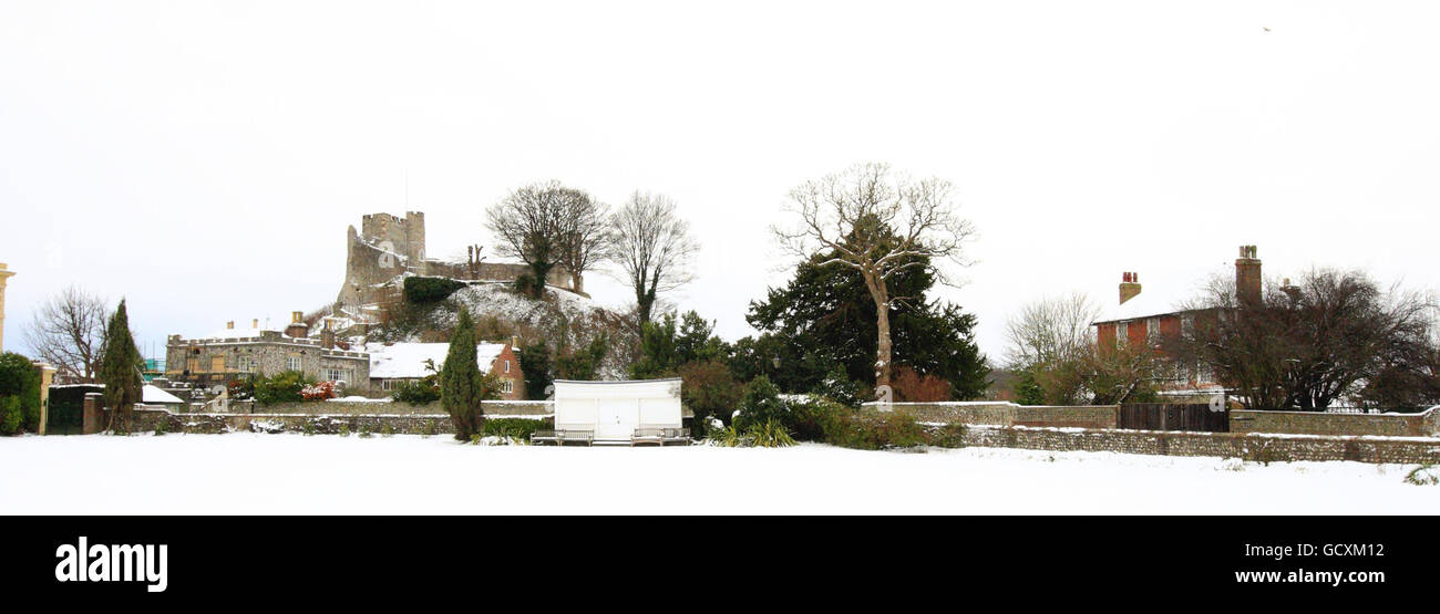 A general view of the castle in Lewes, East Sussex, amid the snow Stock ...