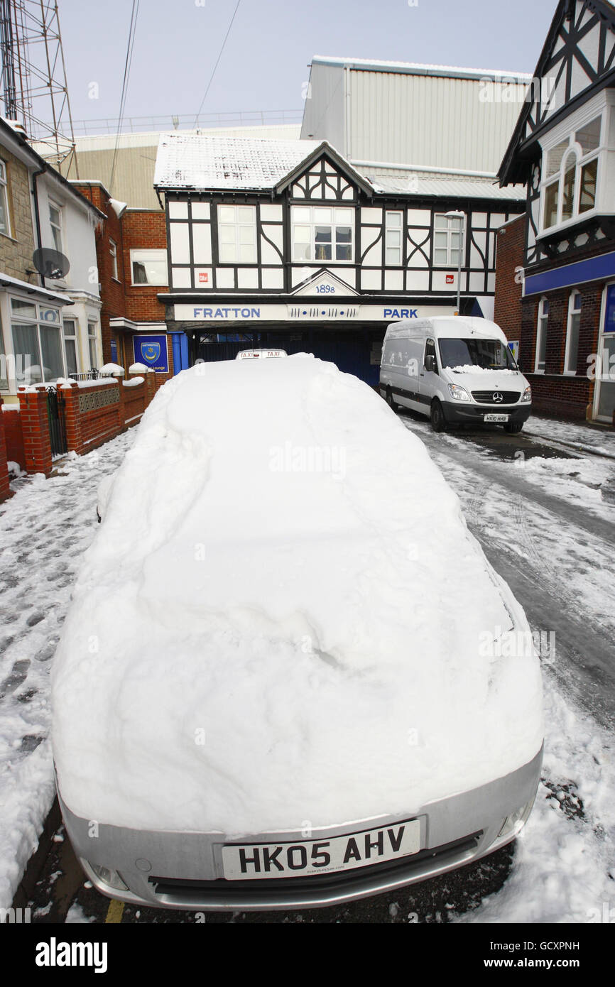 Snow on a car outside Portsmouth FC's ground, Fratton Park where where ...