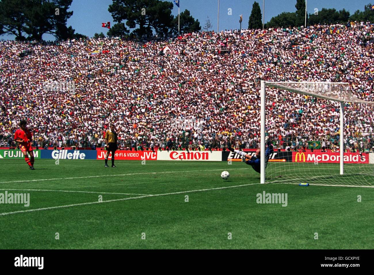 Thomas Ravelli, Sweden, saves from Miodrag Belodedici, Romania, for ...