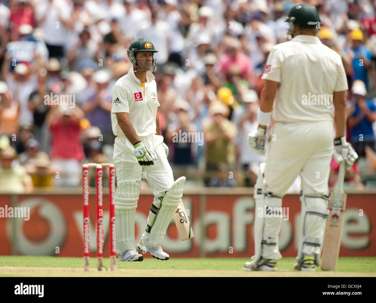 Australian captain Ricky Ponting leaves the field after being dismissed by England's James ...