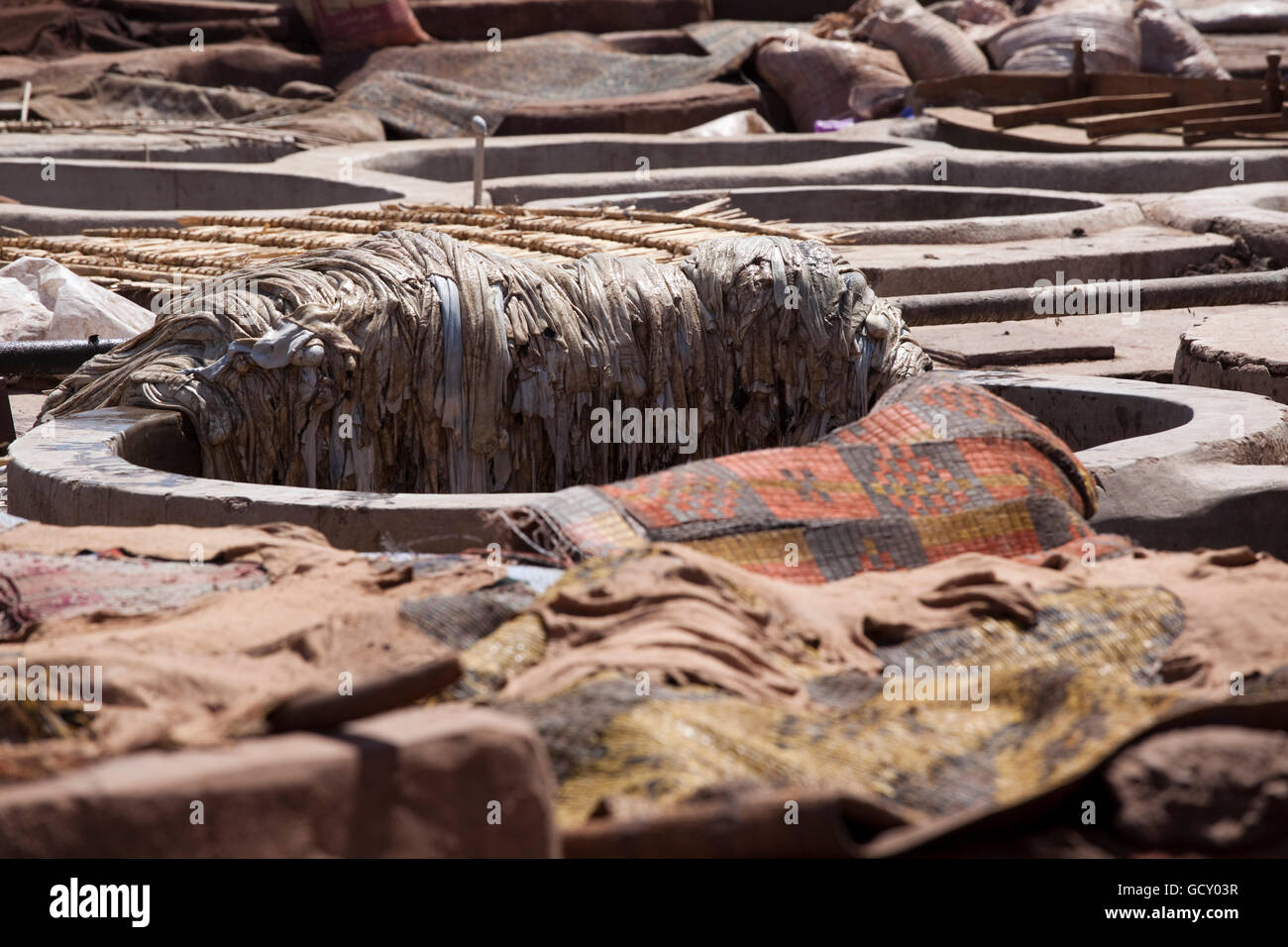 Leather tannery in the medina of Marrakech, Morocco, Africa Stock Photo ...
