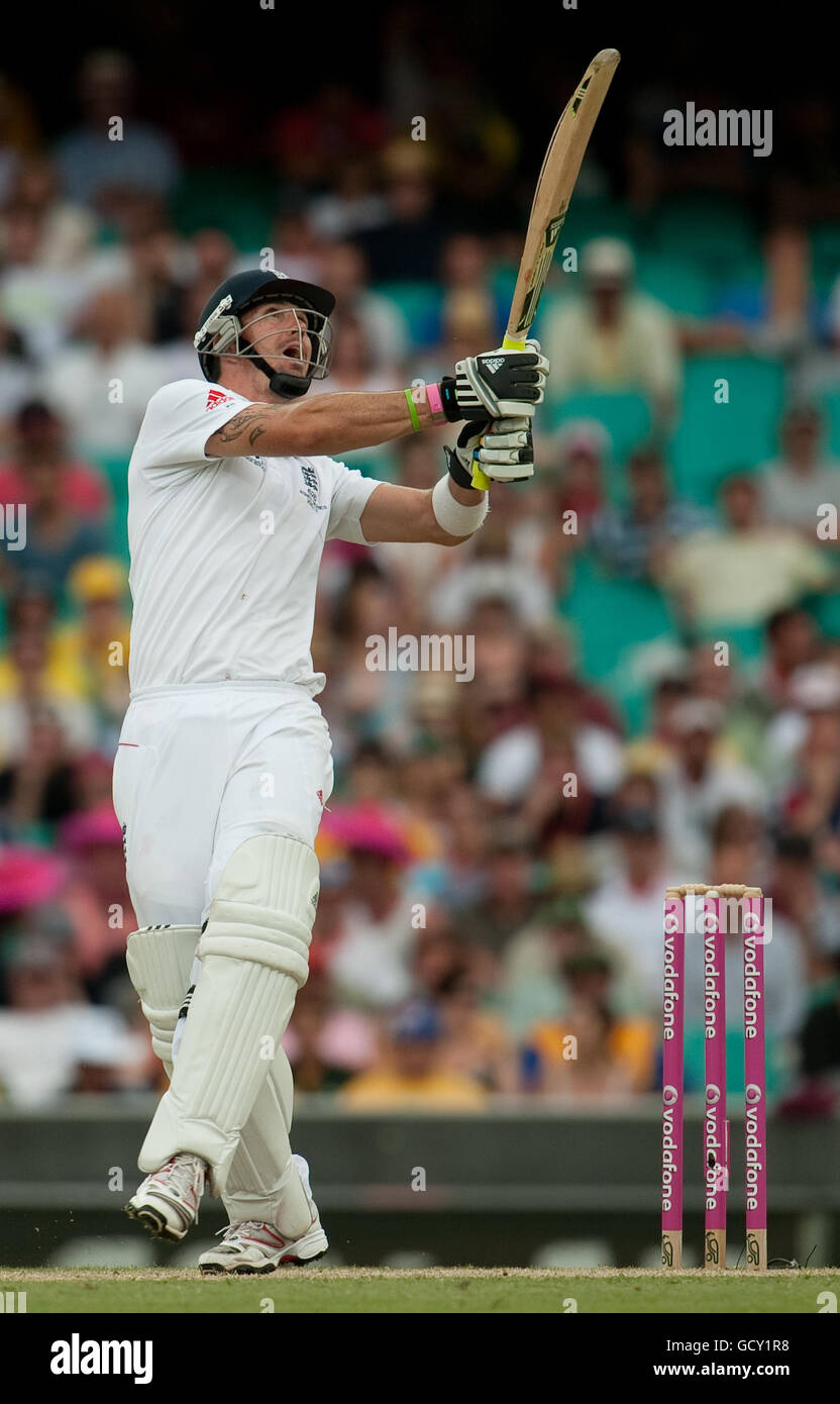 England's Kevin Pietersen hits out at a ball from Australia's Mitchell ...