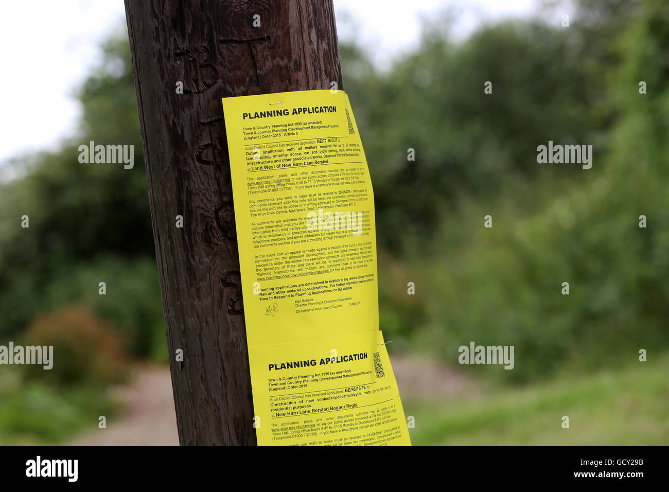 Yellow planning application poster stuck to a telegraph pole in Pagham ...