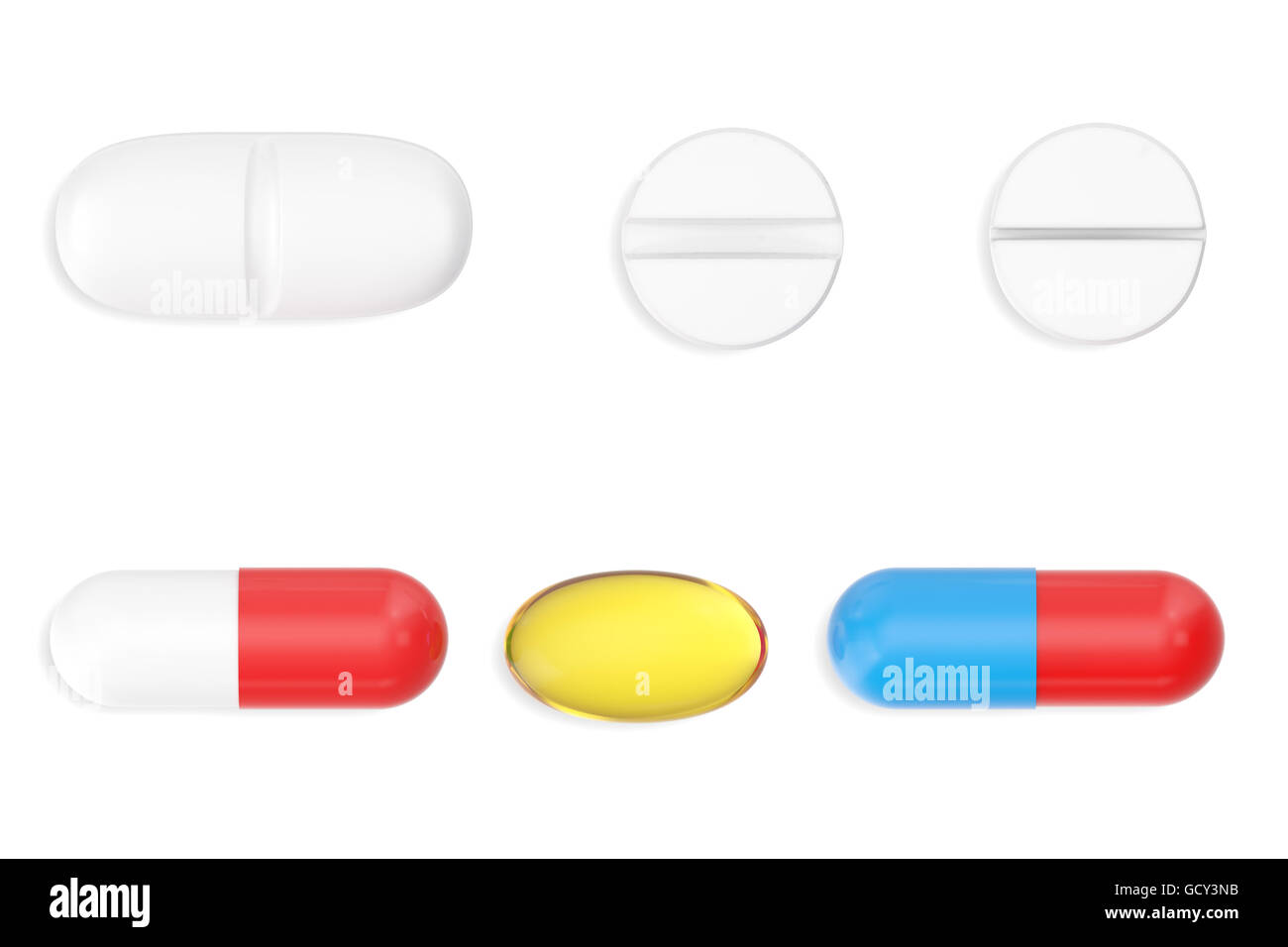 Tablets, capsule and pills set isolated on white background. 3d ...