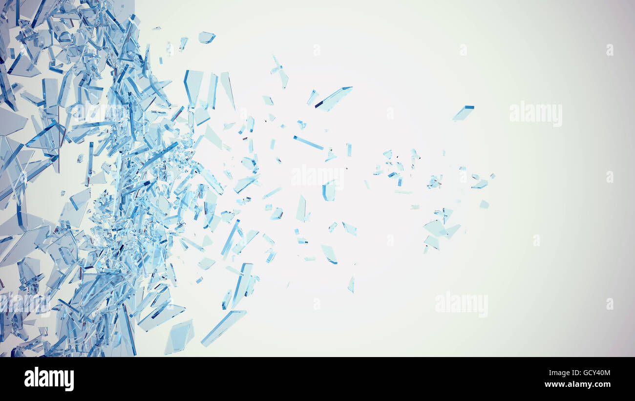 Abstract broken blue glass into pieces isolated on white background. 3d ...