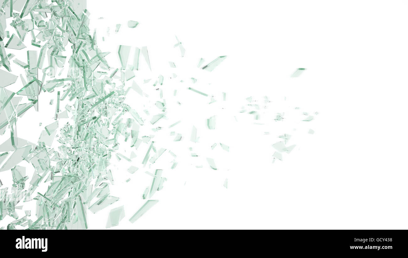 Abstract broken green glass in motion into pieces isolated on white ...