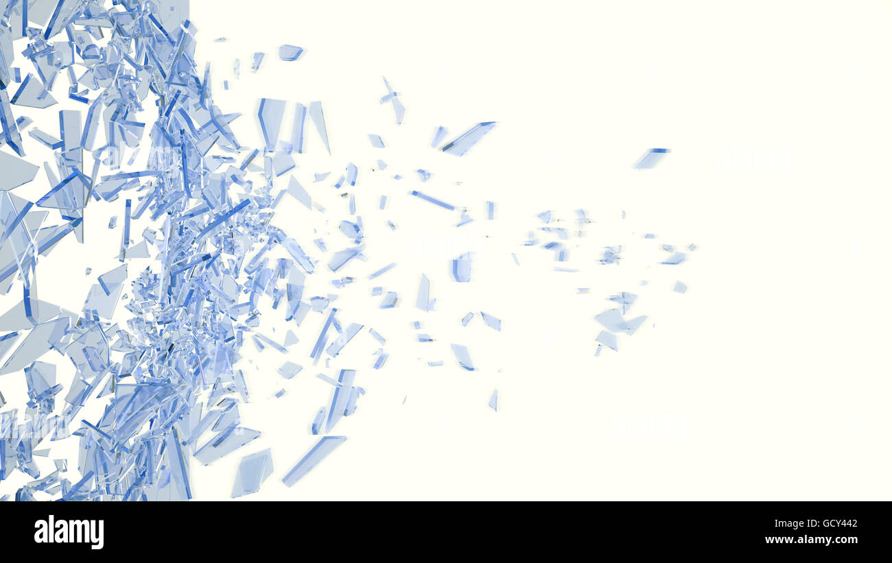 Broken blue glass in motion into pieces isolated on white background ...