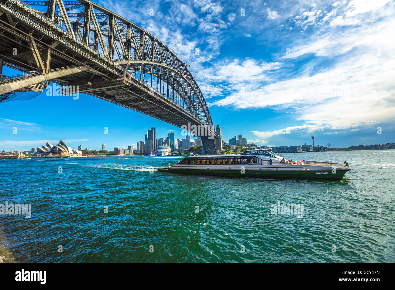 Harbor Bridge with boat Stock Photo - Alamy