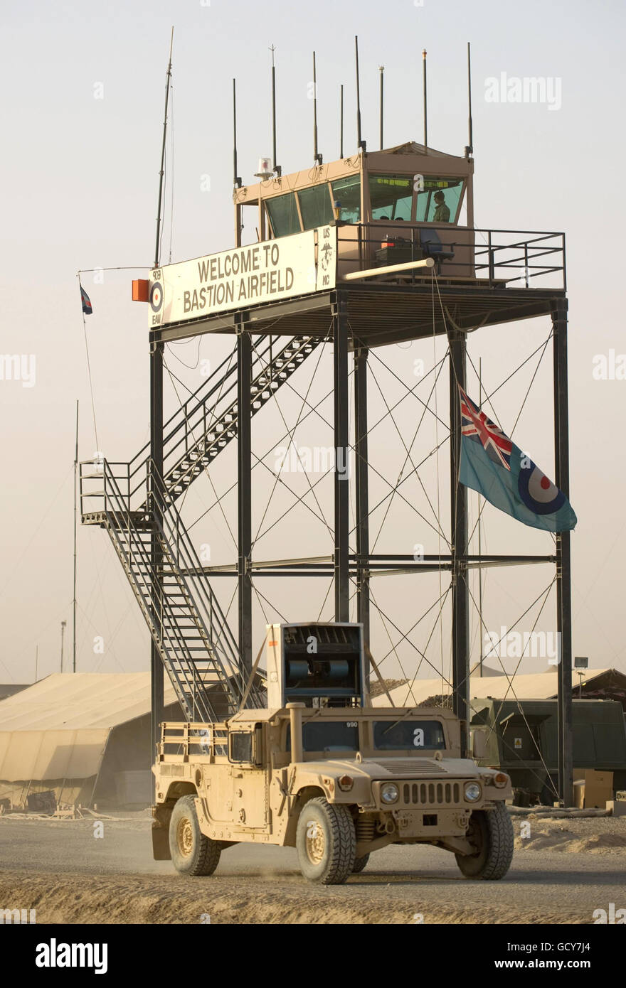 An armoured vehicle watchtower at bastion airfield in camp bastion hi ...