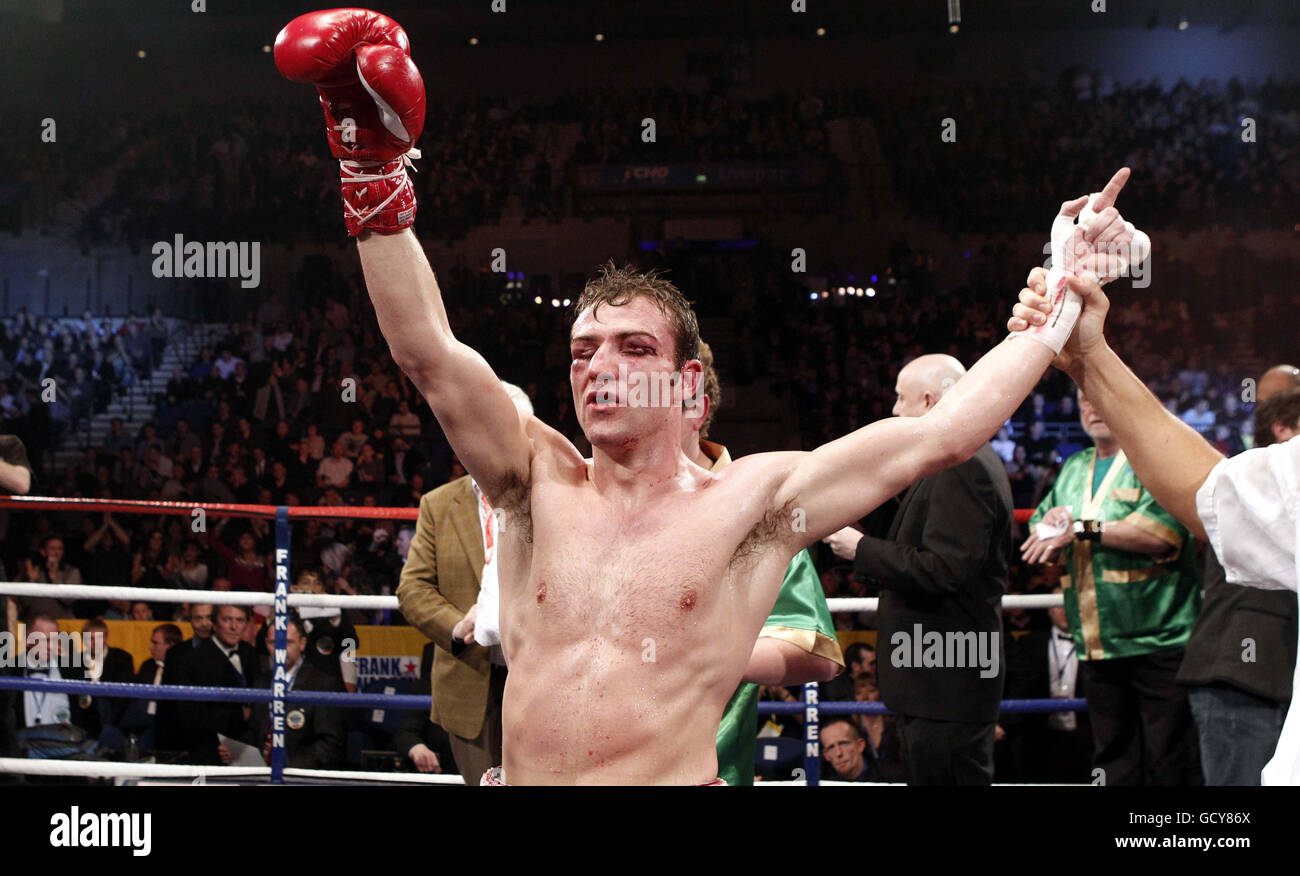 Matthew Macklin has his arm raised after beating Ruben Varon in the ...