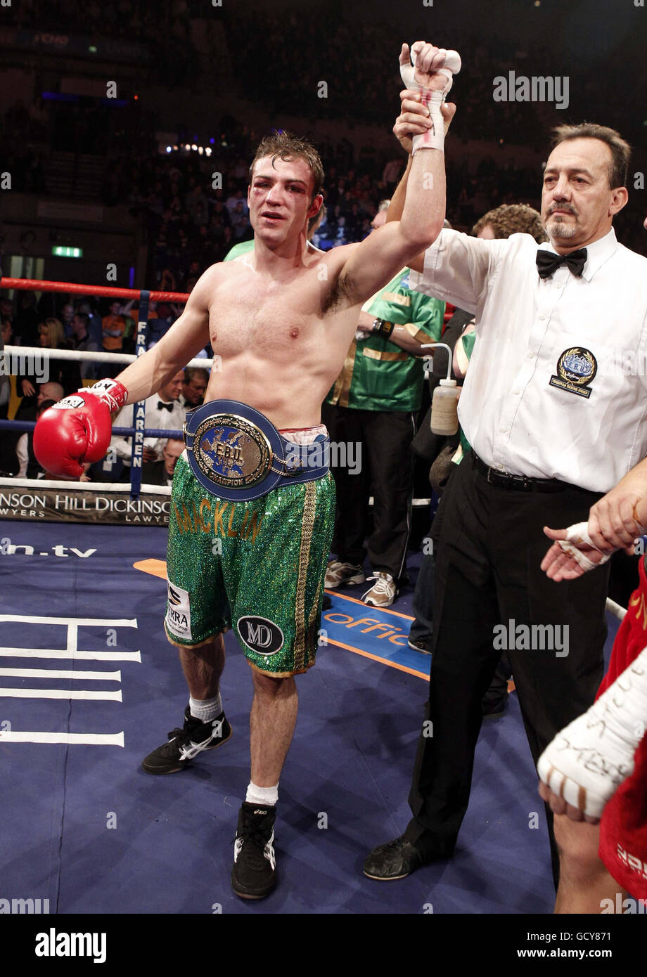 Matthew Macklin (left) has his arm raised after beating Ruben Varon in ...