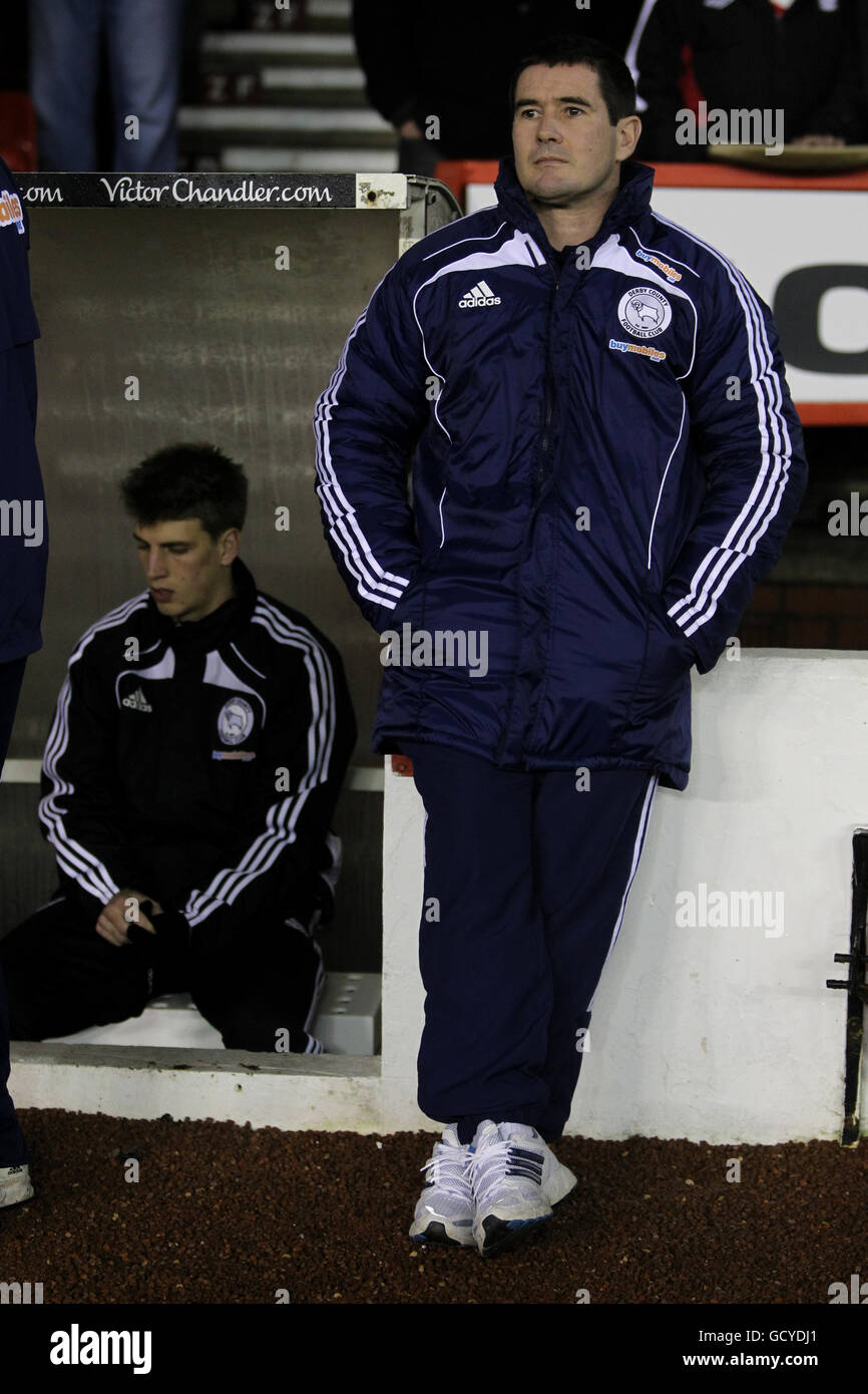 Derby countys nigel clough stands on side lines hi-res stock ...