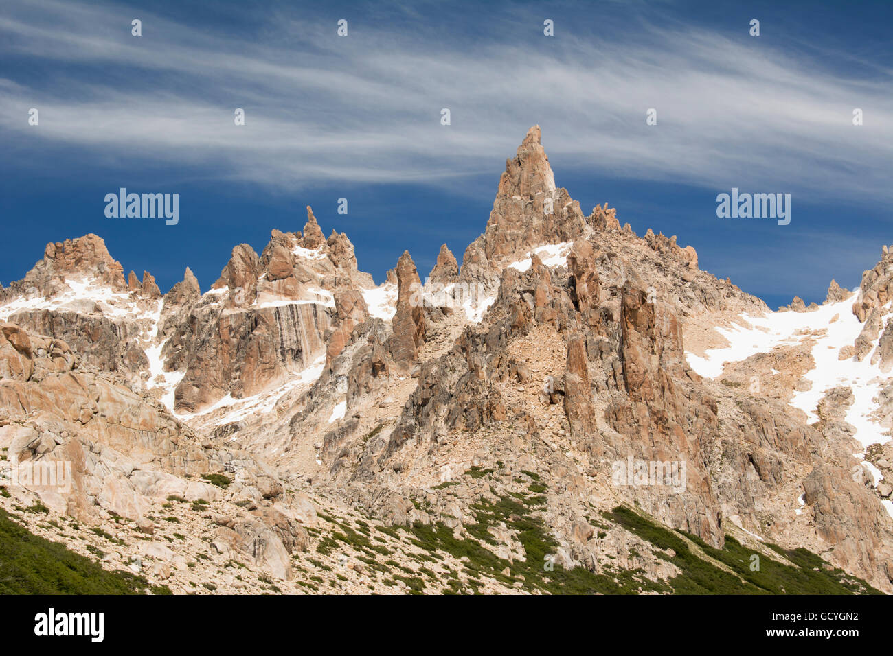 Sharp mountain peaks with remaining snow against blue sky with a few ...