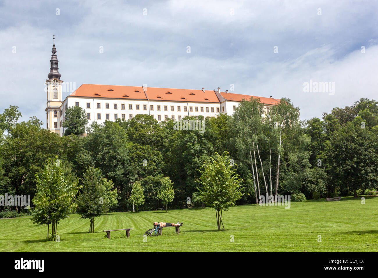 Decin baroque castle on a rock above the gardens, North Bohemia, Decin ...