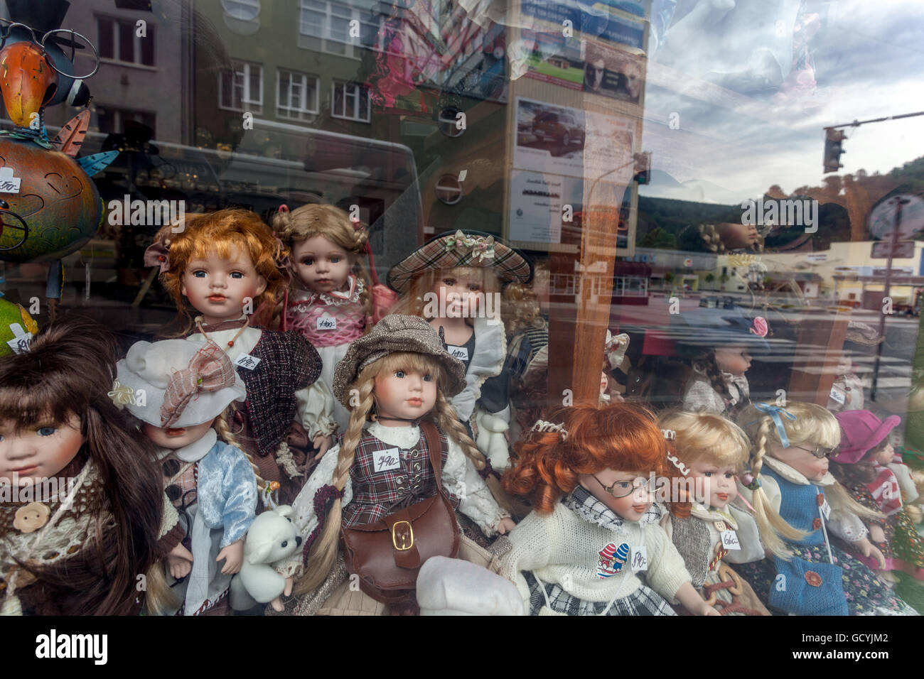 Shop window display, dolls, city Decin, North Bohemia, Czech Republic ...