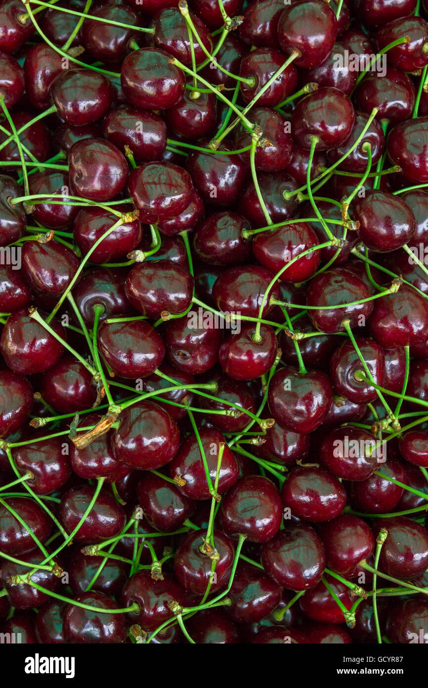 Ripe red cherries in the market on the counter Stock Photo - Alamy