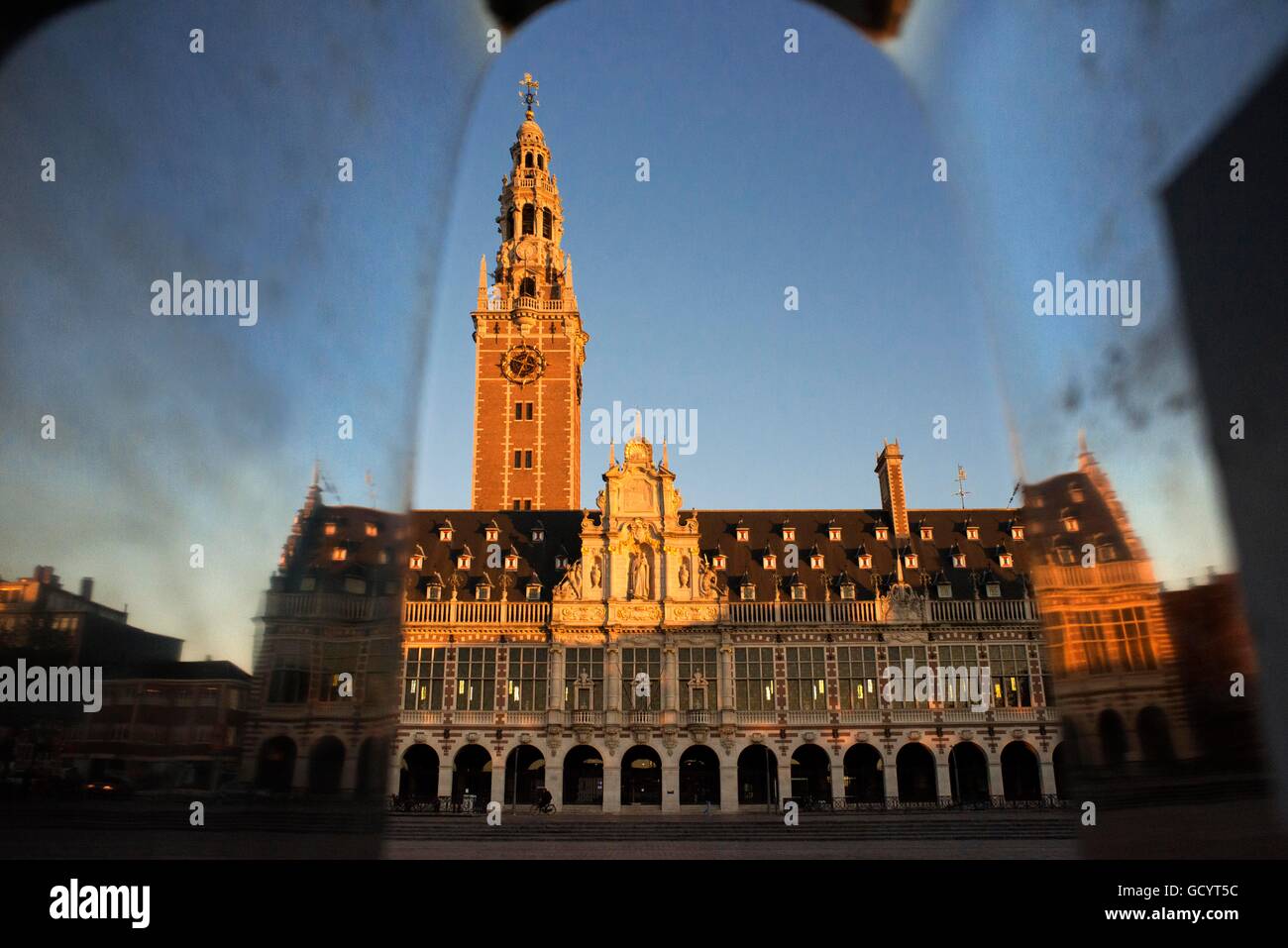 The university library on the Ladeuze square in the evening, Leuven ...