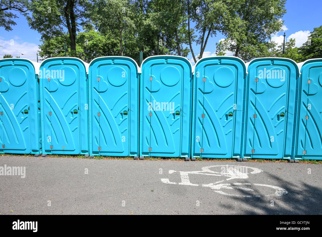 View of the portable public toilets Stock Photo - Alamy