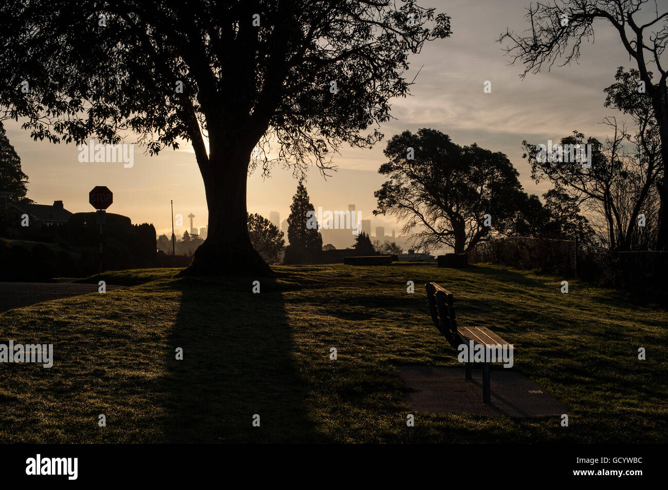 Magnolia Bluff sunrise looking back at Retro Image of Seattle Stock ...