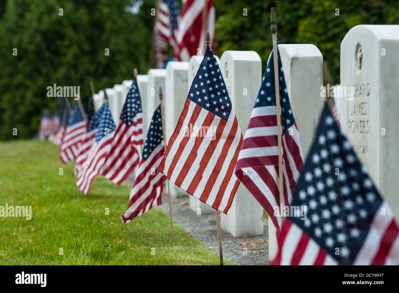 Memorial Day Ceremony at cemetery with American Flags at grave sites ...
