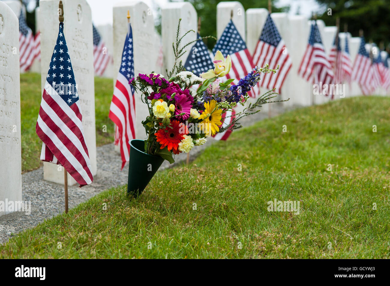 Memorial Day Ceremony at cemetery with American Flags at grave sites ...