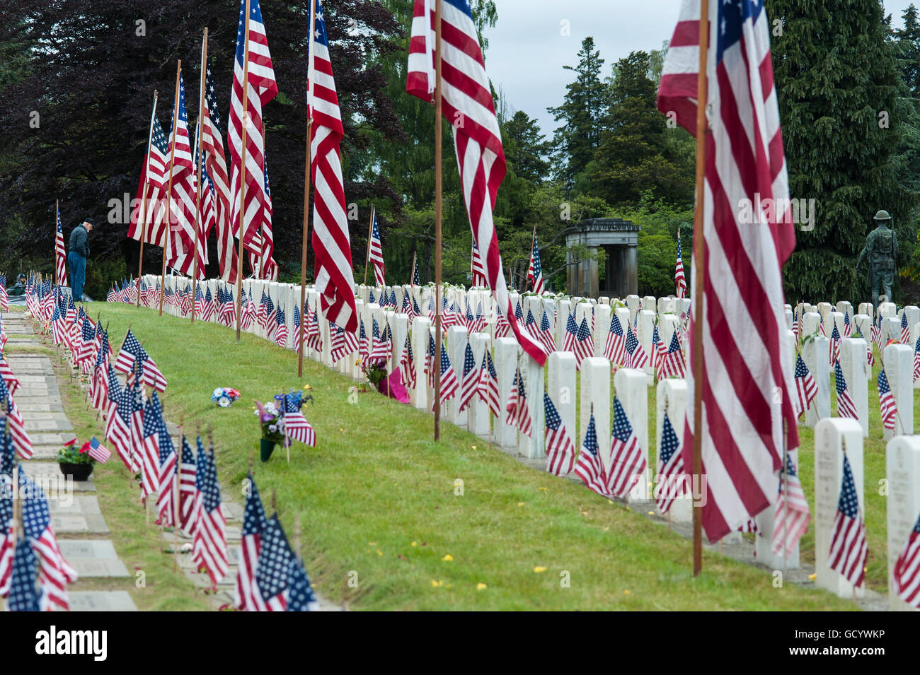 Memorial Day Ceremony at cemetery with American Flags at grave sites ...