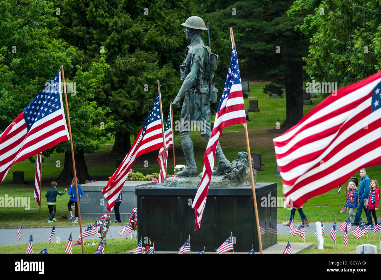 Memorial Day Ceremony at cemetery with American Flags military ...